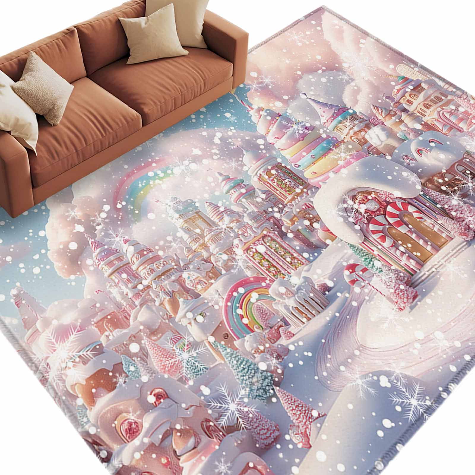 Christmas Candy Ice Cream Area Rug 5x7ft Gingerbread Castle Winter Non ...