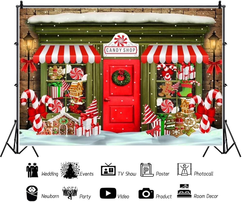 Christmas Candy Shop Backdrop 10x8ft Xmas Gingerbread House Red Door ...