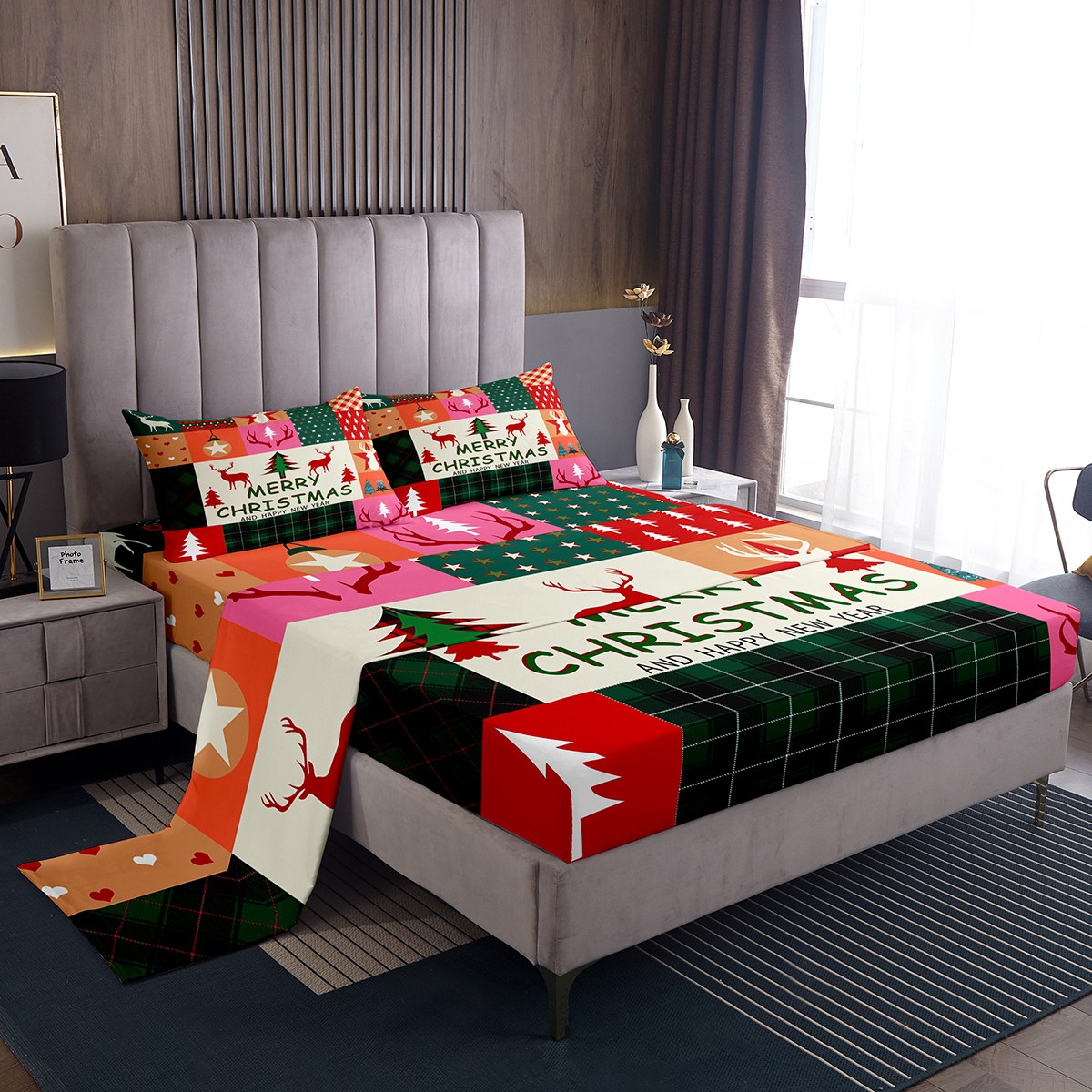 Christmas Car Sheet Set Queen,Construction Vehicles Christmas Tree ...