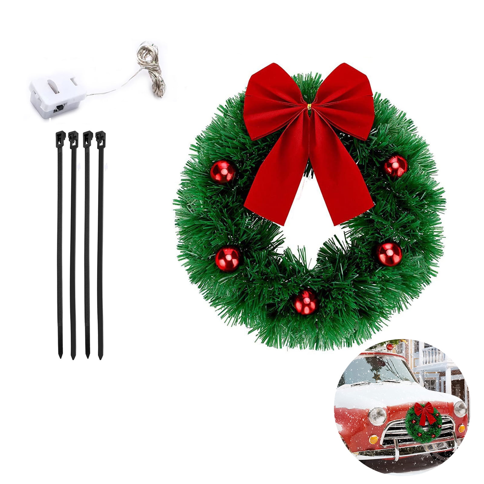 Christmas Car Wreath With Red Ball And Bow, Christmas Holiday Car ...