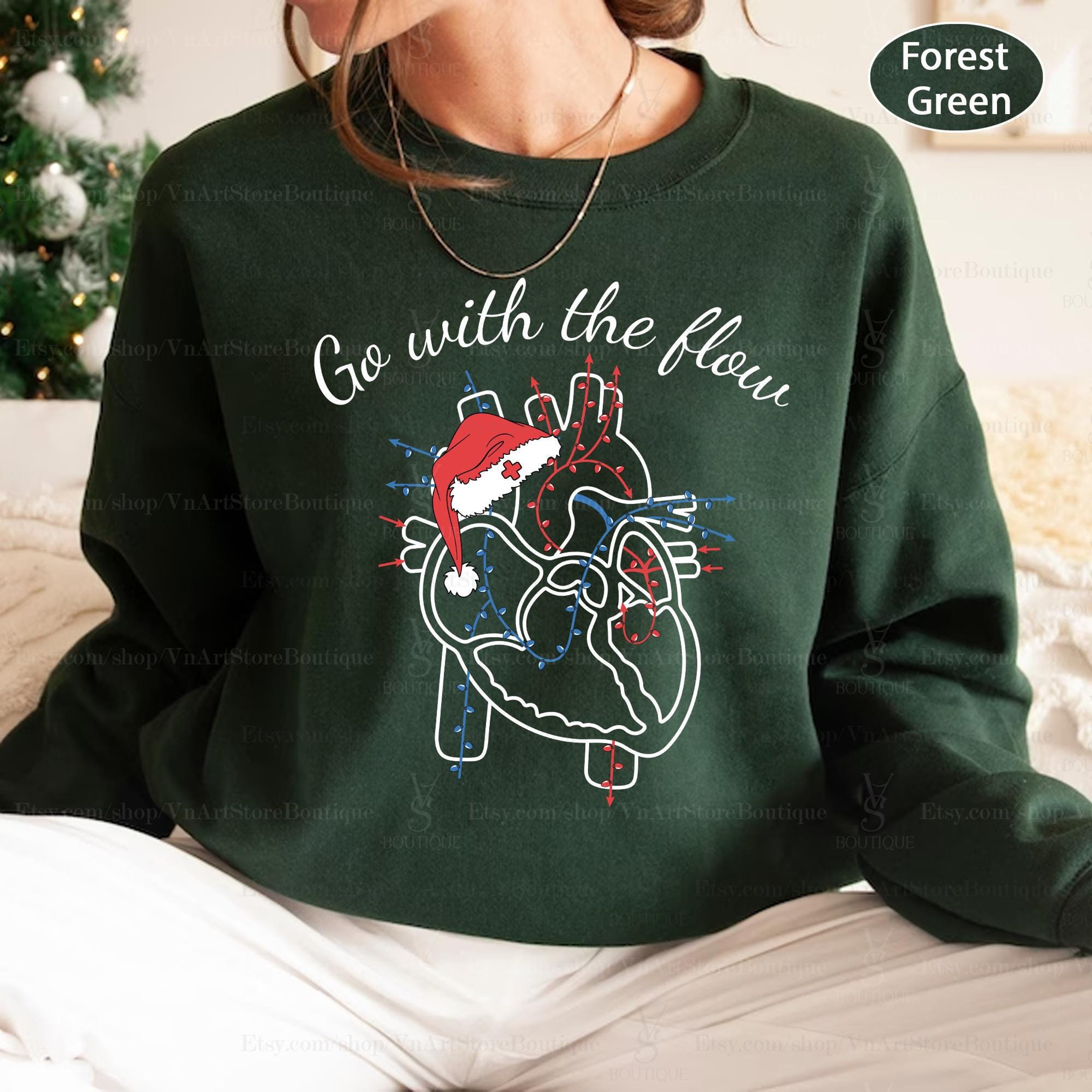Christmas Cardiac Nurse Shirt, Go With The Flow Shirt, Heart Anatomy Christmas Shirt, Ccu Nurse ...