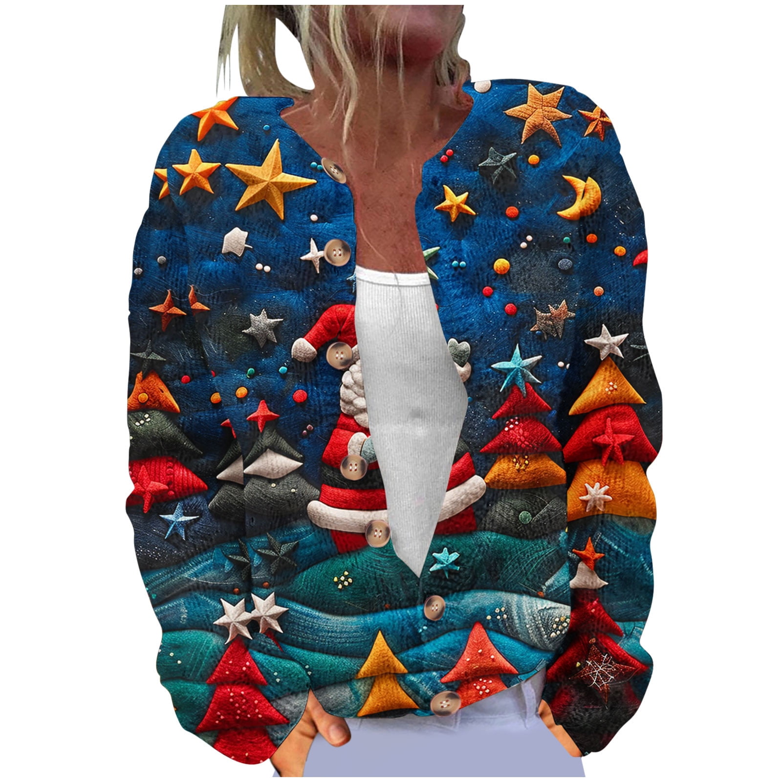 Christmas Cardigan Sweater for Women Xmas Tree Print Long Sleeve Knit ...