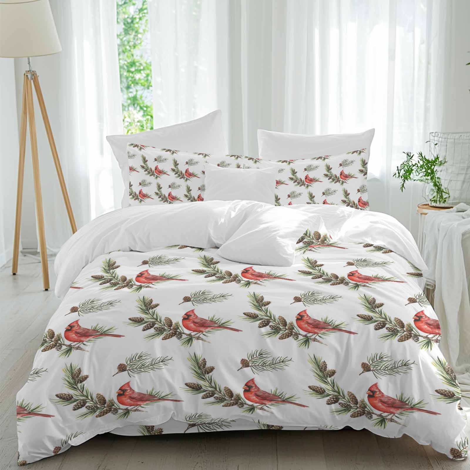 Christmas Cardinal Bird 4 Piece Duvet Cover Set Queen Size Winter Birds ...