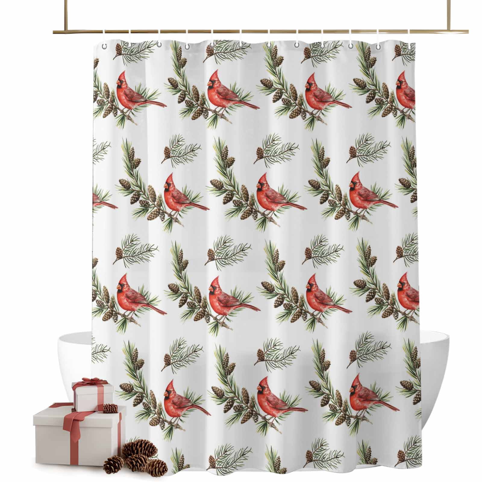 Christmas Cardinal Bird Bathroom Shower Curtain Winter Birds Pine Cone ...