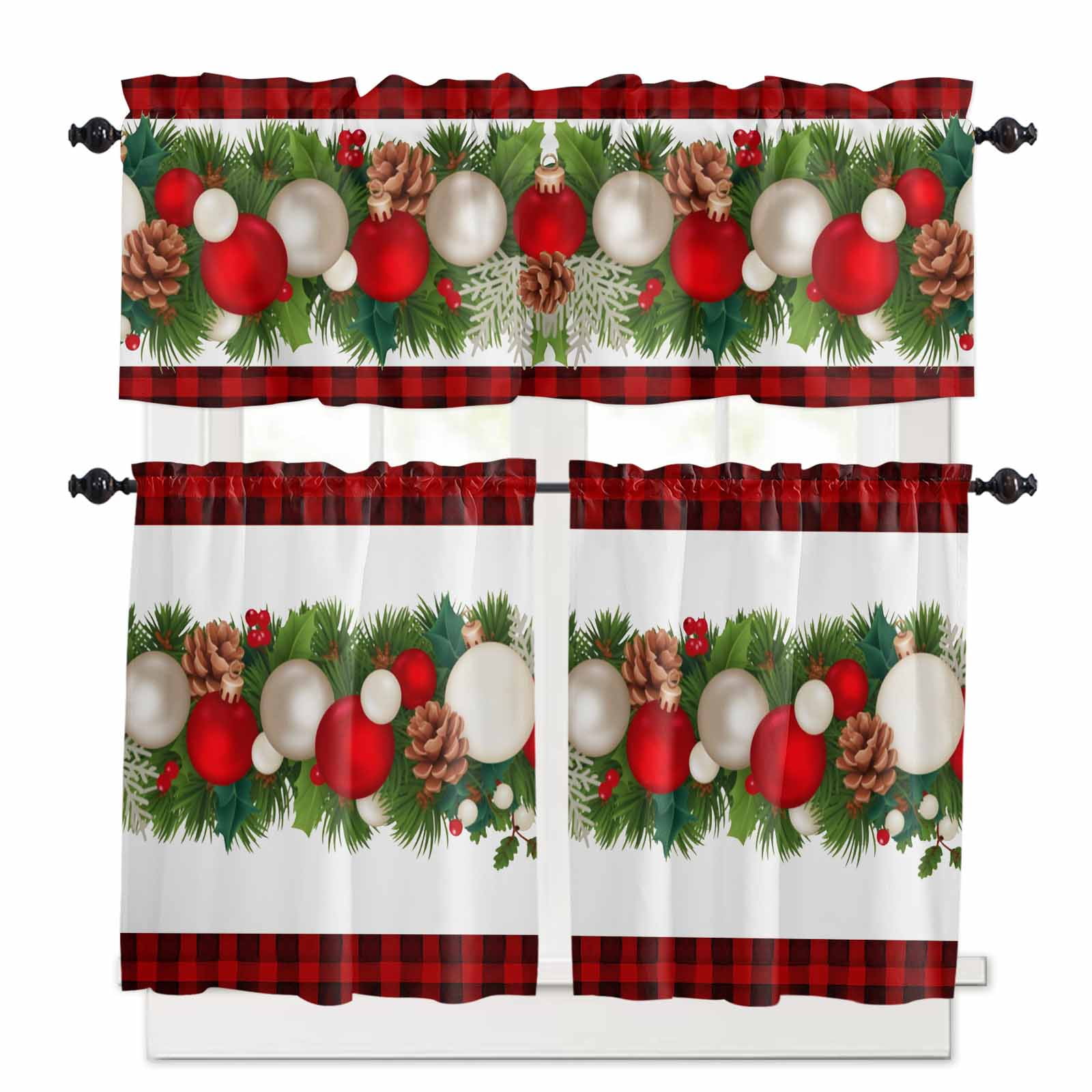 Christmas Cardinal Bird Curtain Valances Set Winter Red Birds Black ...