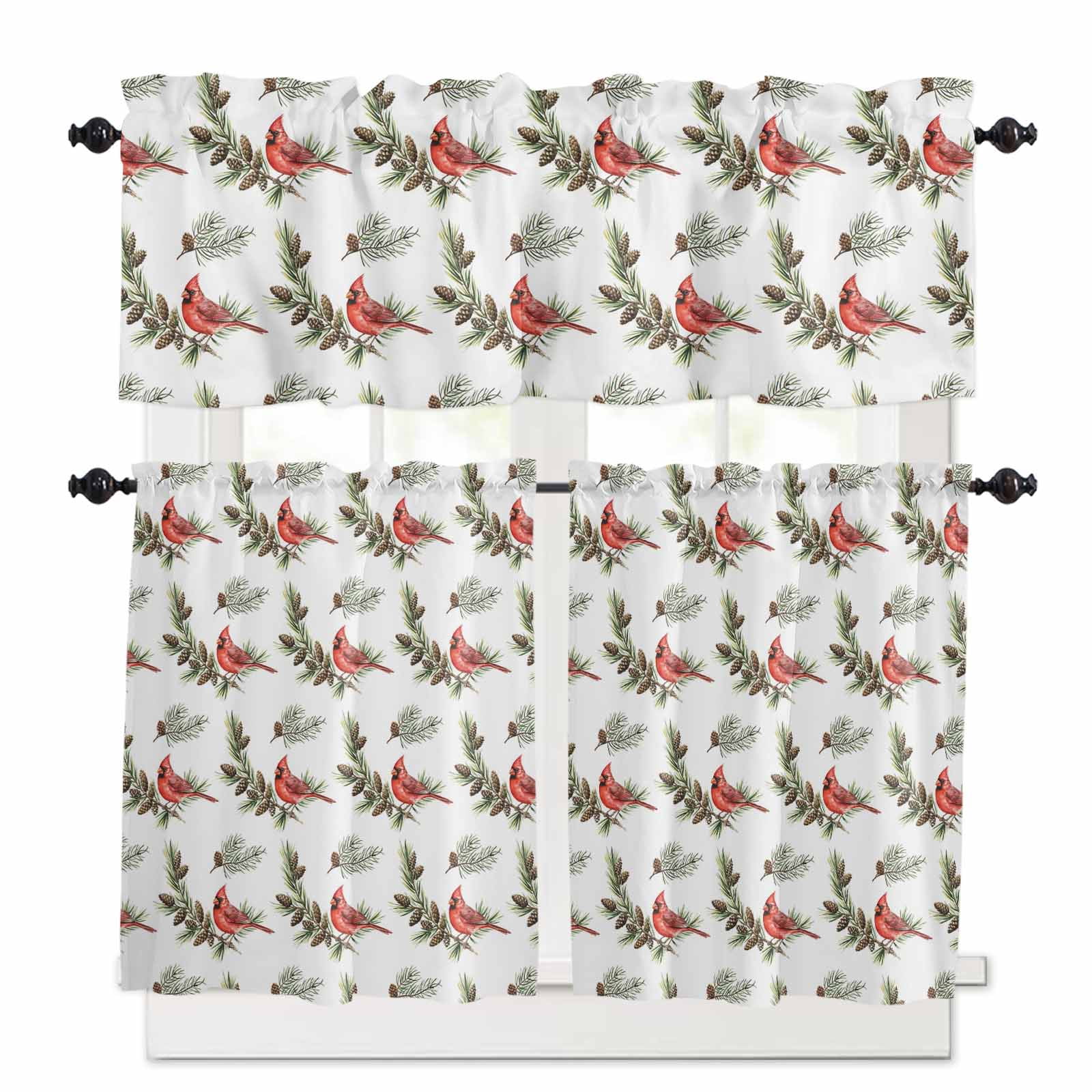 Christmas Cardinal Bird Kitchen Curtains and Valances Set, Winter Birds ...