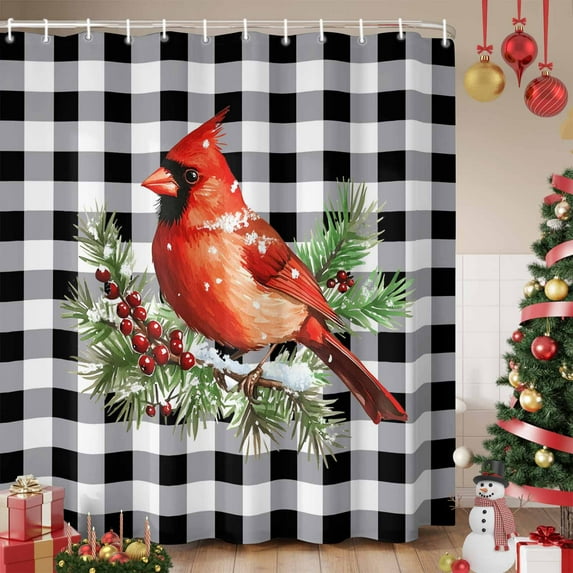 Christmas Cardinal Bird Shower Curtain, White Black Plaid Pine Branch ...