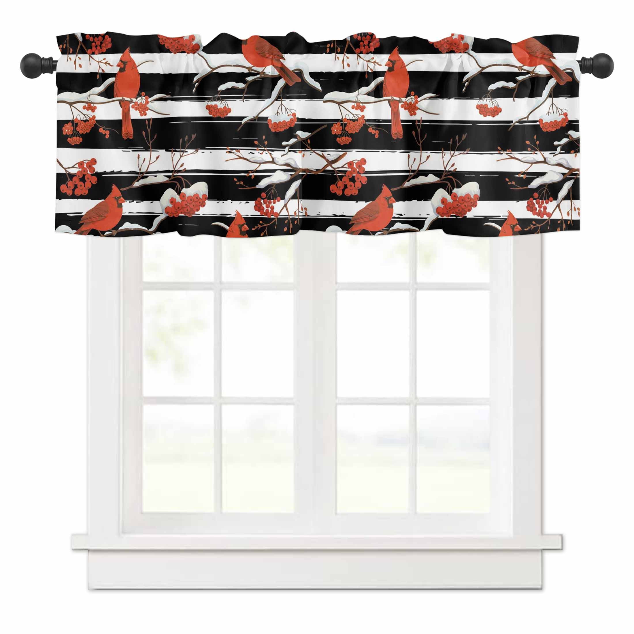 Christmas Cardinal Bird Valances for Windows Winter Red Birds Black ...