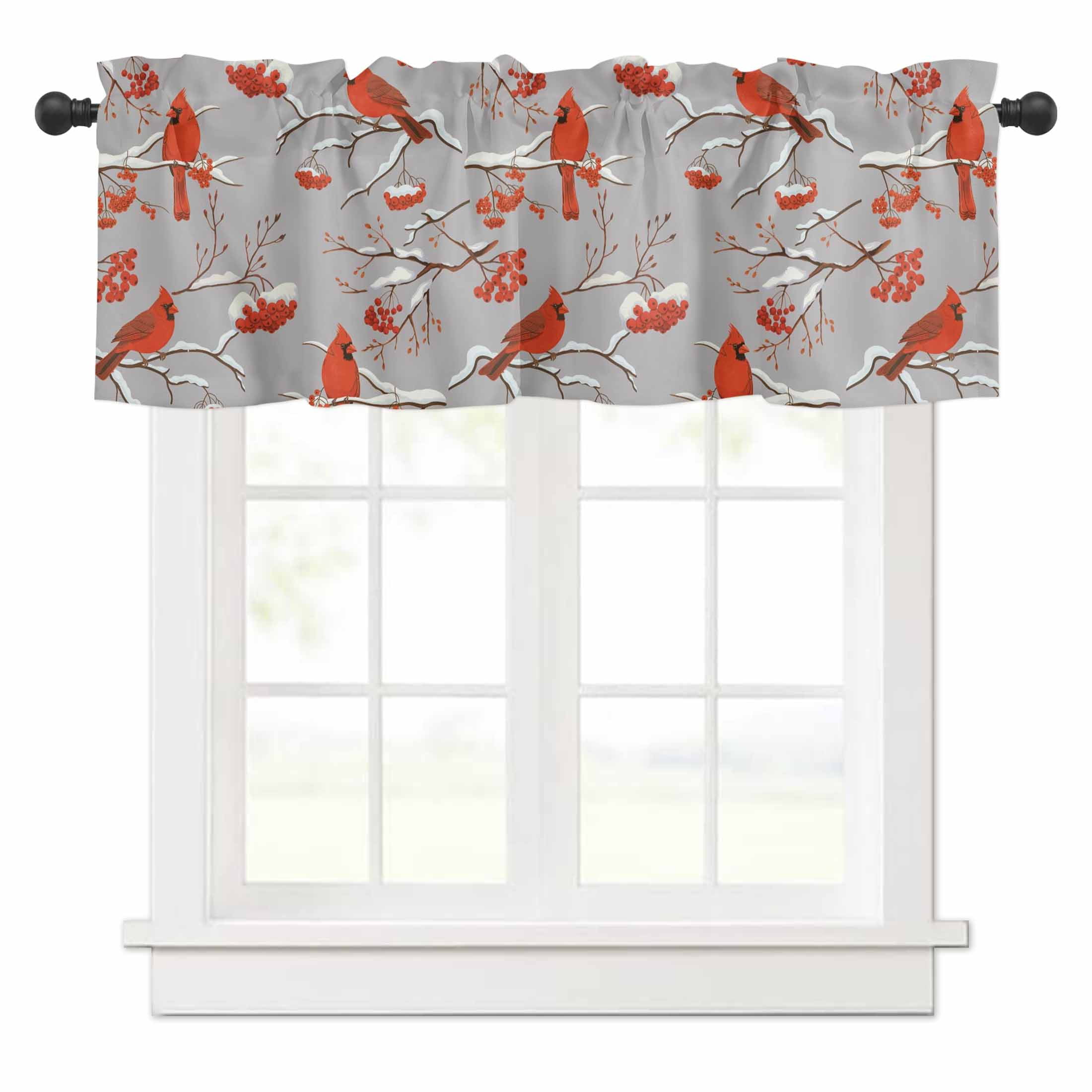 Christmas Cardinal Bird Valances for Windows Winter Red Birds Gray Rod ...