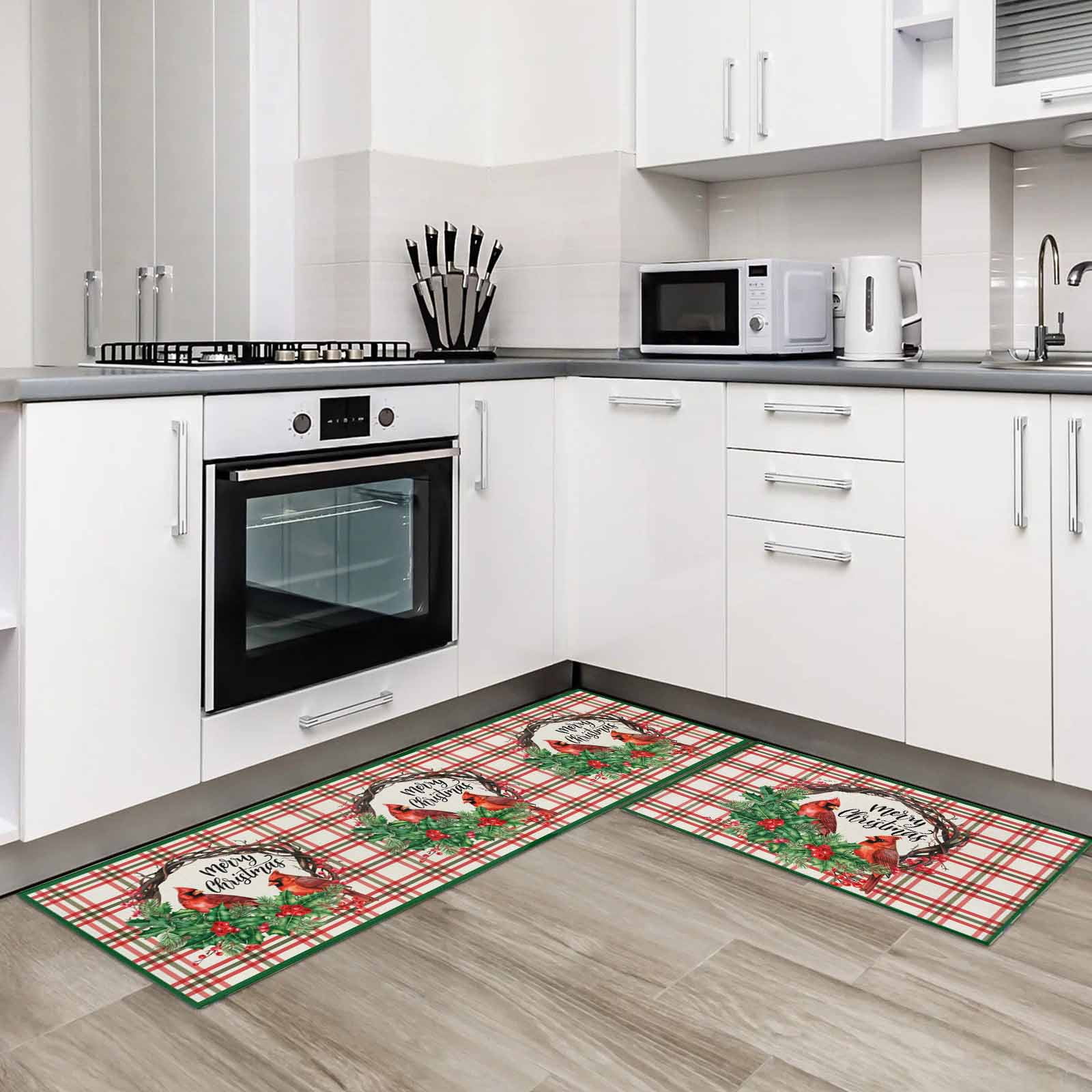 Christmas Cardinal Birds 2 Pieces Non-Slip Kitchen Mat Set Xmas Holly ...