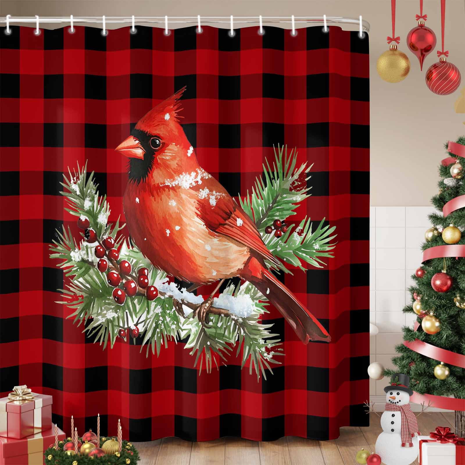 Christmas Cardinal Birds Shower Curtain, Buffalo Checker Xmas Pine Tree ...