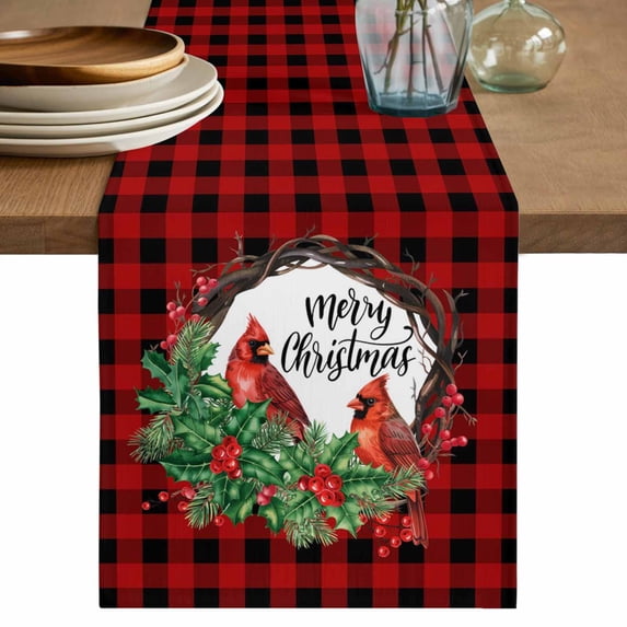 Christmas Cardinal Birds Table Runner 72 Inches, Buffalo Plaid Xmas ...