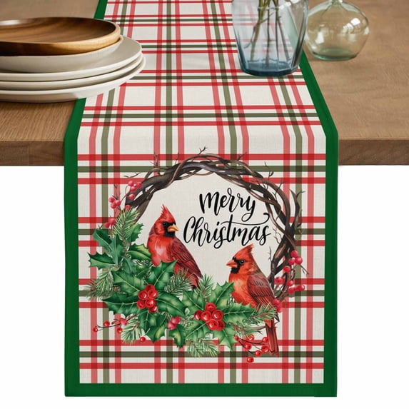 Christmas Cardinal Birds Table Runner 72 Inches, Xmas Holly Leaves ...