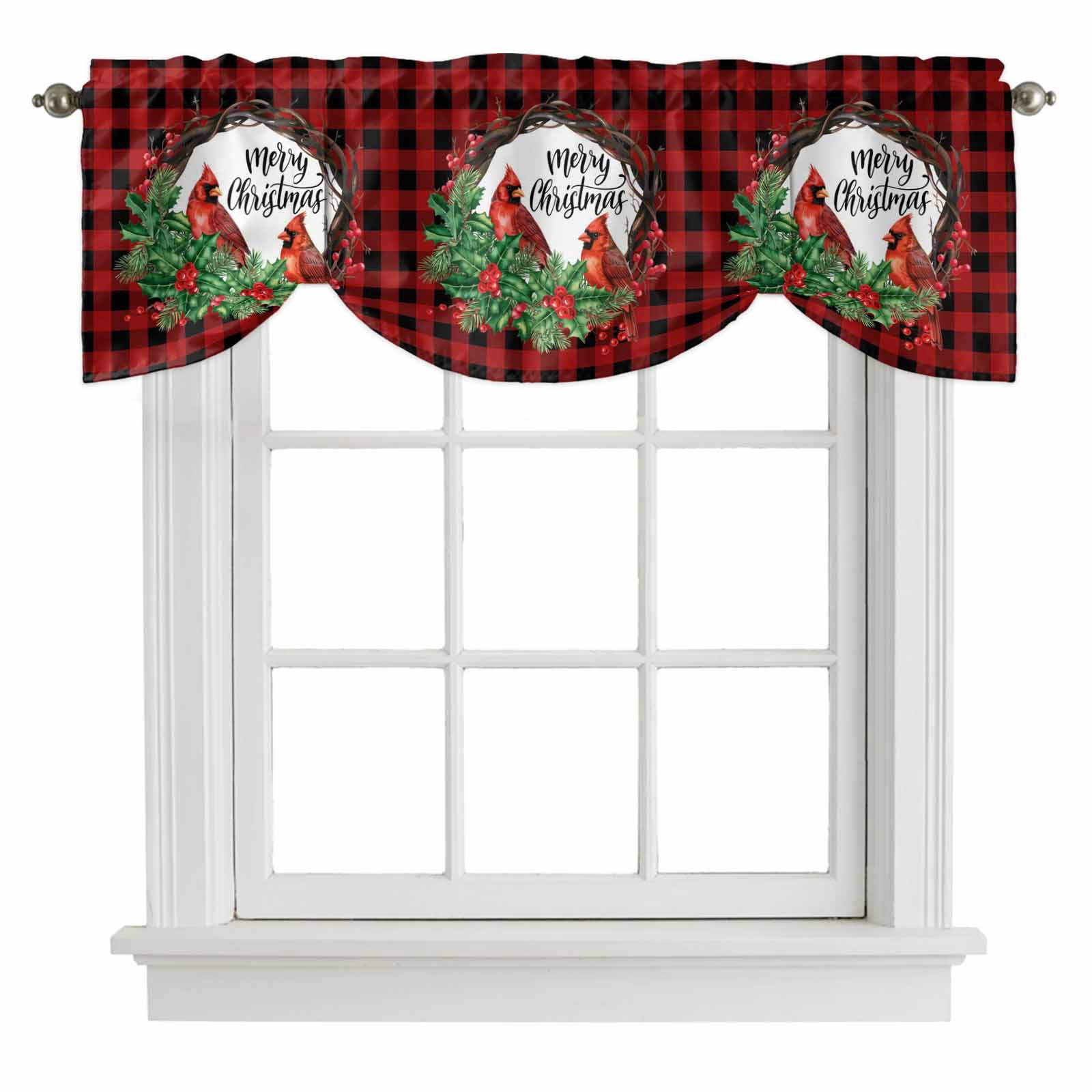 Christmas Cardinal Birds Tie Up Valance Curtains for Windows, Kitchen ...