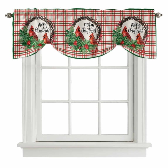 Christmas Cardinal Birds Tie Up Valance Curtains for Windows, Kitchen ...