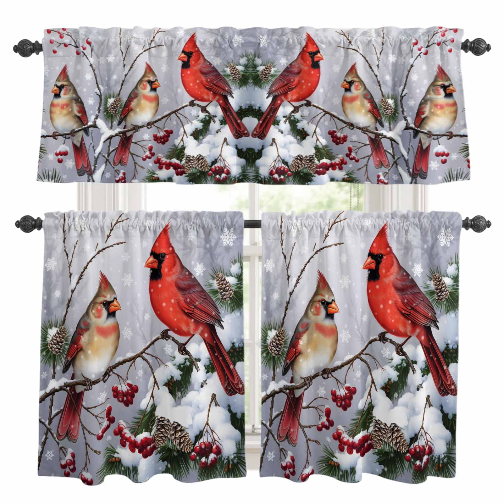 Christmas Cardinal Kitchen Curtains Sets for Windows 36 Inch Length ...