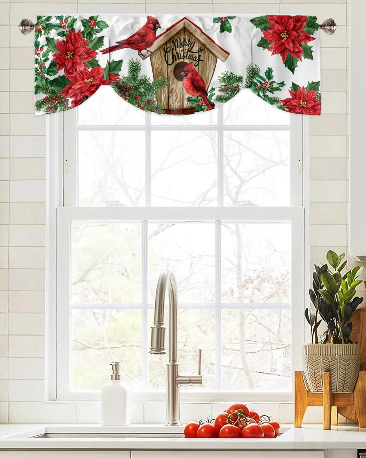 Christmas Cardinal Poinsettia Birdhouse Window Curtain Living Room Kitchen Cabinet Tie-up ...