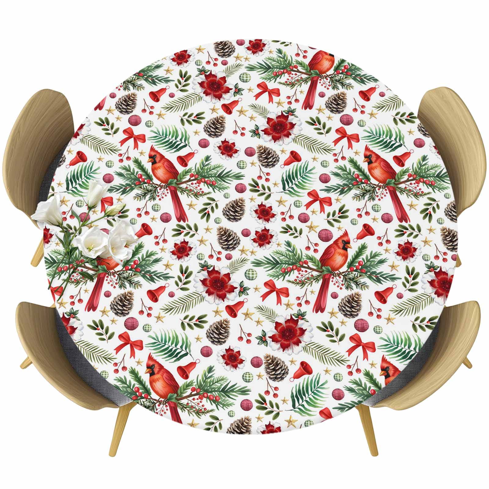 Christmas Cardinal Round Tablecloth, Fitted Table Cover with Elastic ...