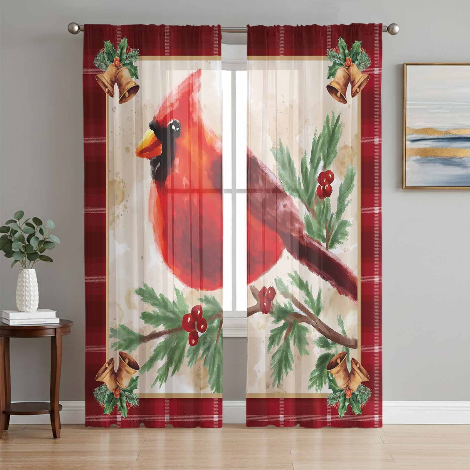 Christmas Cardinal Sheer Curtains 63 Inch Length 2 Panels Set, Winter ...