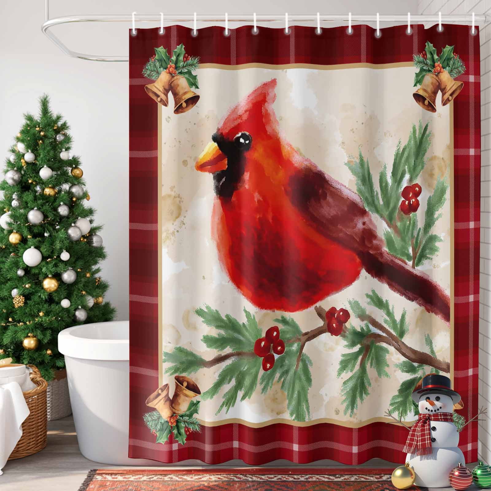 Christmas Cardinal Shower Curtain, 72" x 72", Red Bird Berry Holly ...