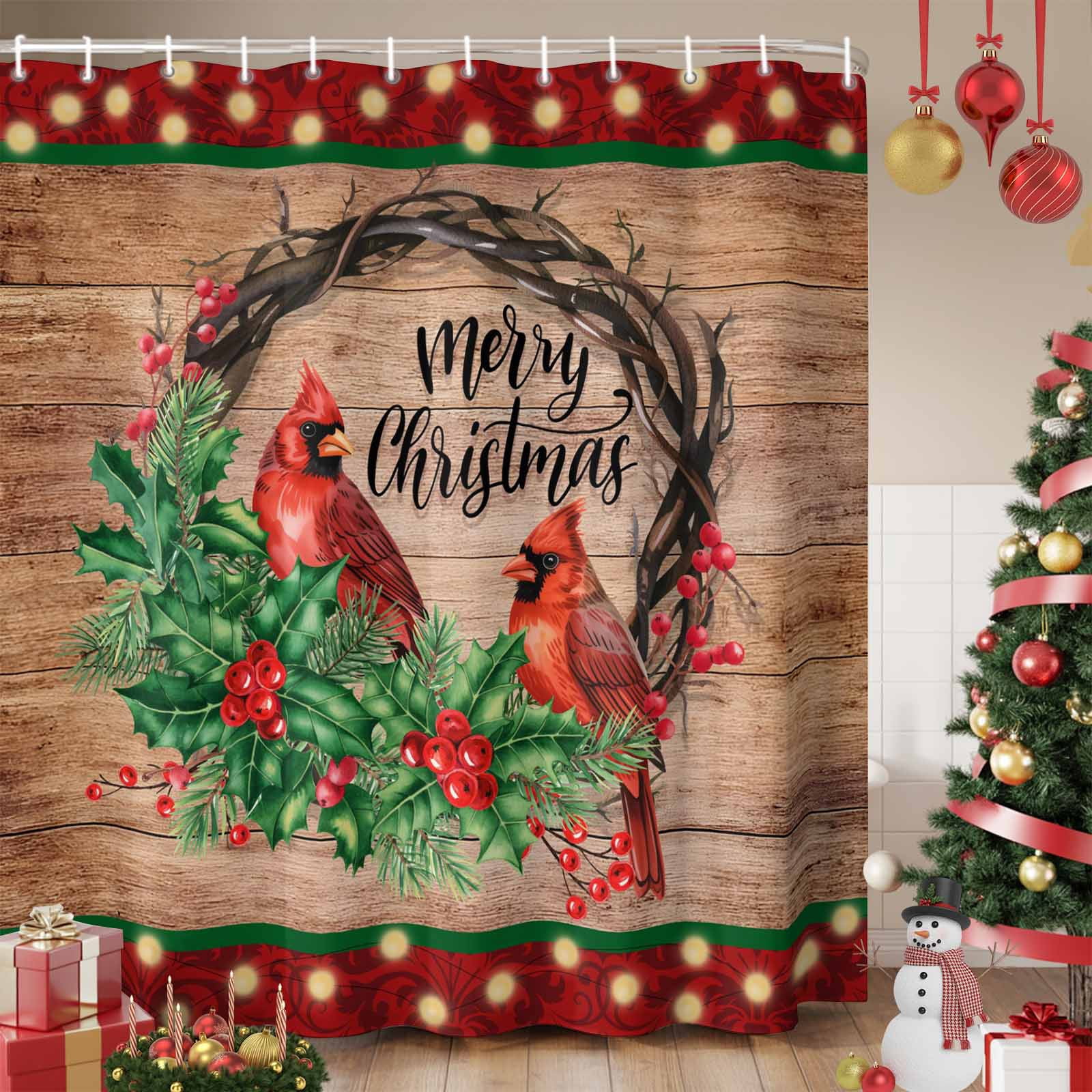 Christmas Cardinal Shower Curtain, Xmas Berry Farmhouse Wooden Grain ...