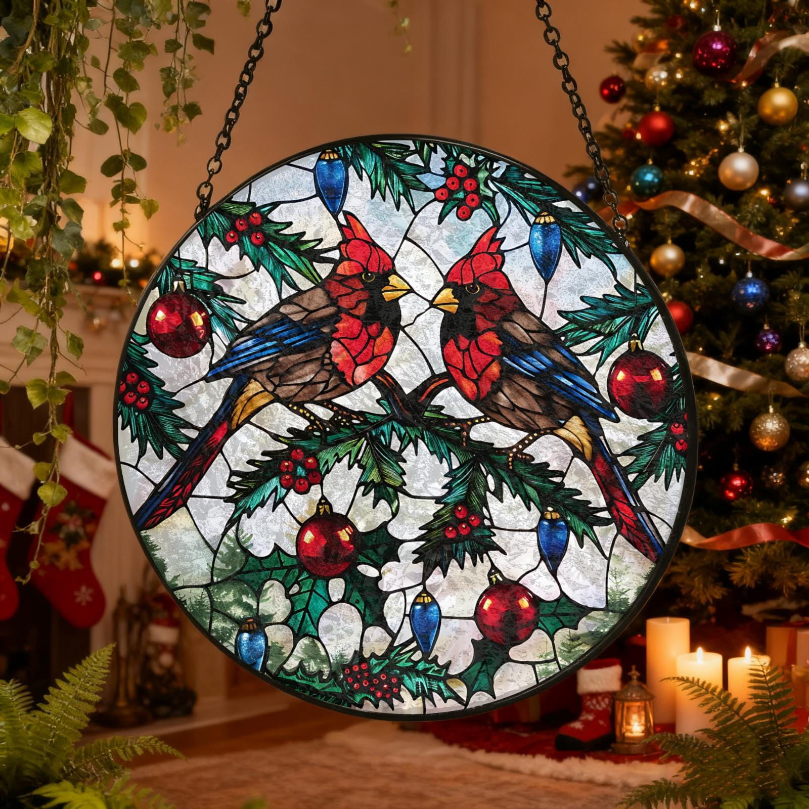 Christmas Cardinal Stained Glass Suncatcher Garden Window Hanging Bird ...