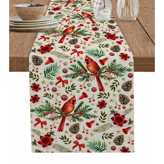 Christmas Cardinal Table Runner 108 Inches, Xmas Winter Flower Bow Pine ...