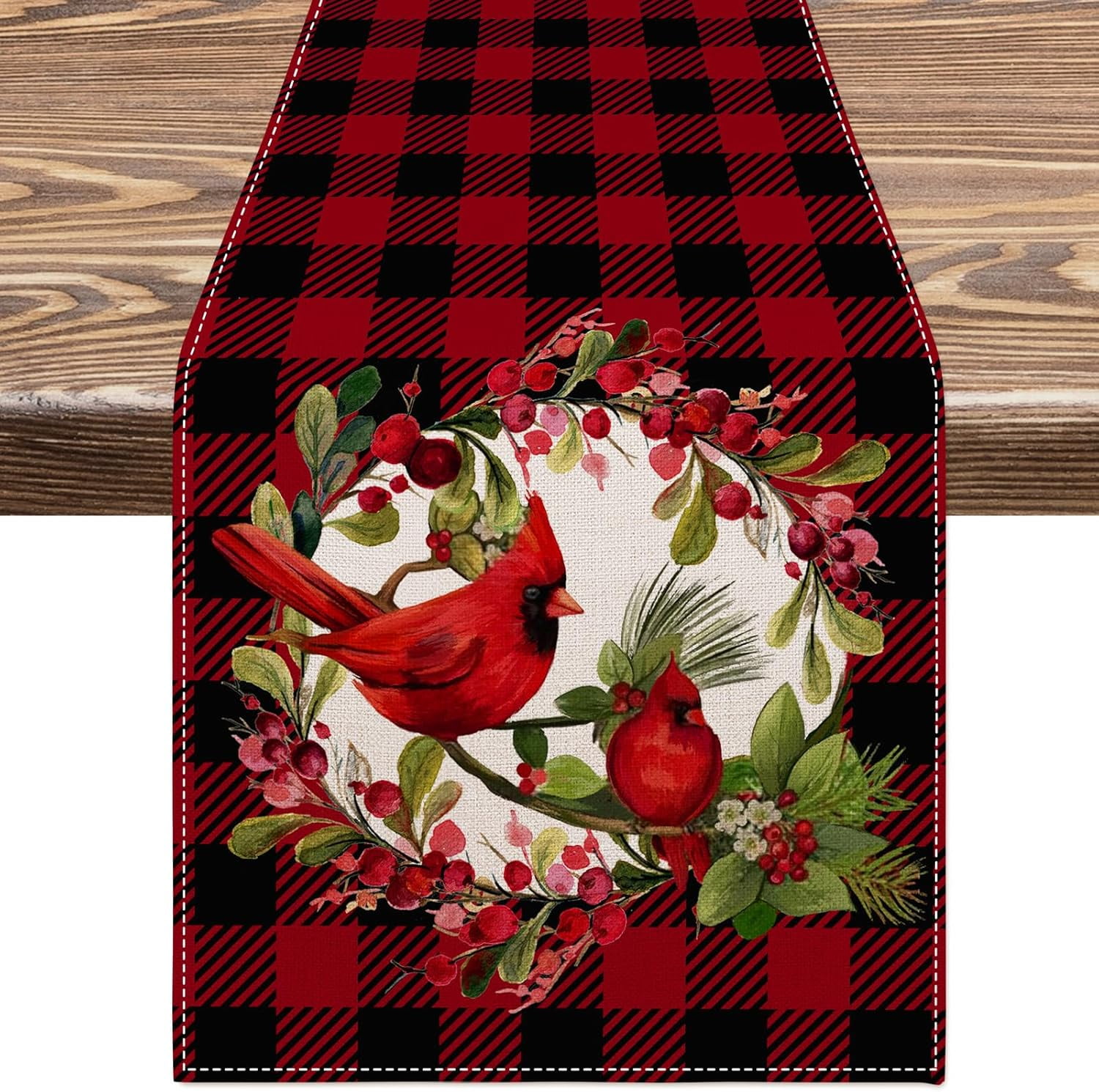 Christmas Cardinal Table Runner Buffalo Plaid Checked Berries Kitchen ...