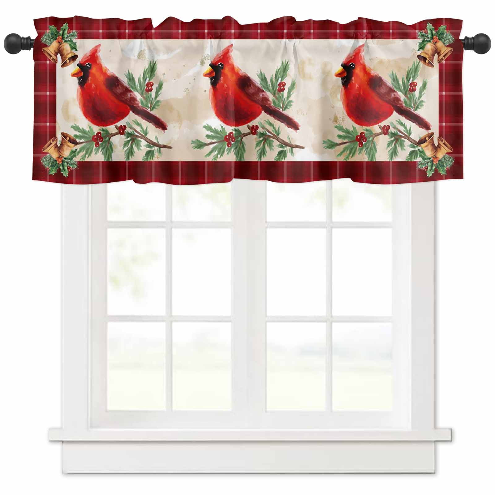 Christmas Cardinal Valances for Windows, Red Bird Berry Holly Bells Red ...