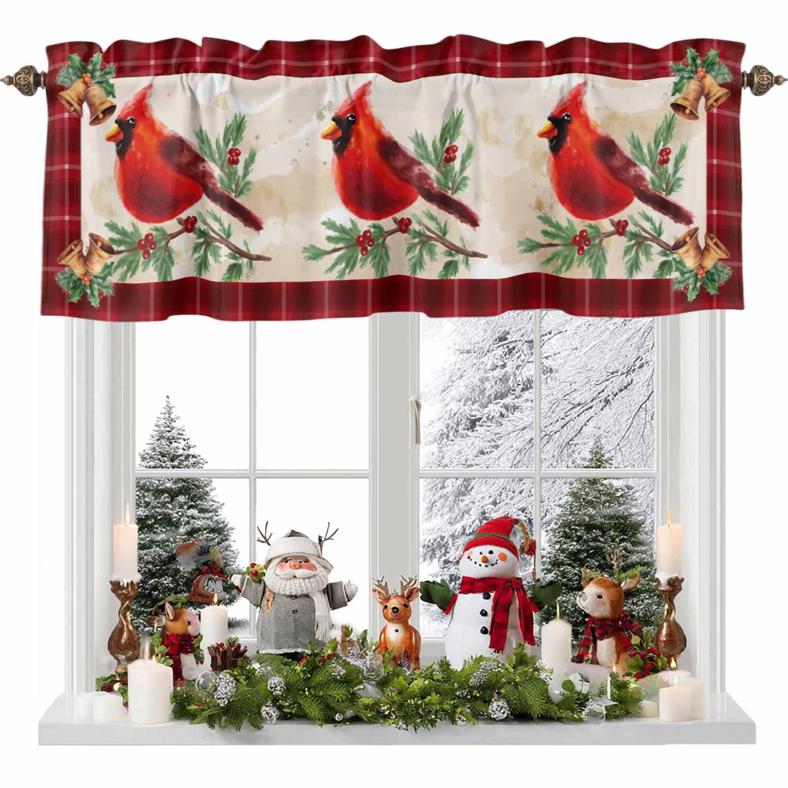 Christmas Cardinal Valances for Windows, Red Bird Berry Holly Bells Red ...