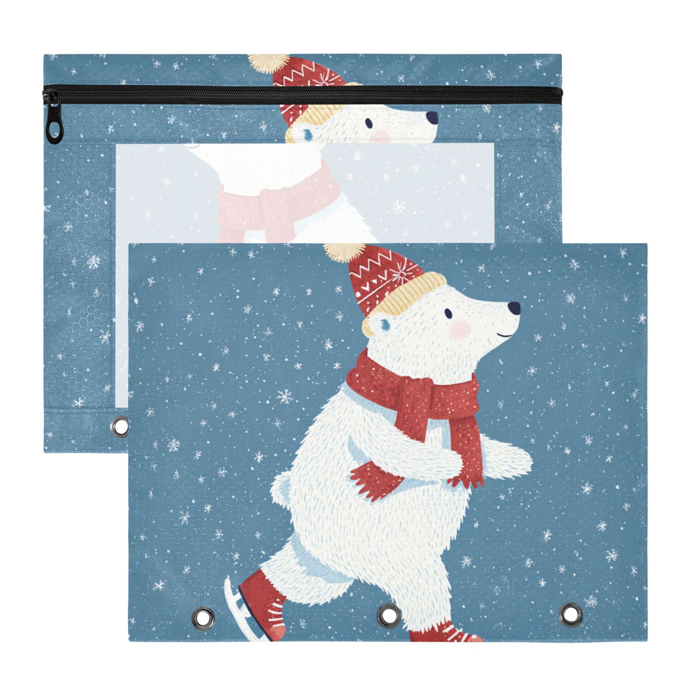 Christmas Cartoon Bear Skating 3-Ring Binder Pocket with Zipper Pencil ...