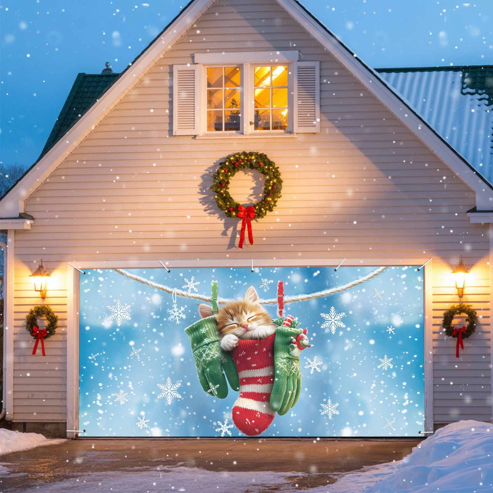 Christmas Cartoon Garage Door Banner Covers, Cat Xmas Sock Snowflake Blue Background Large ...