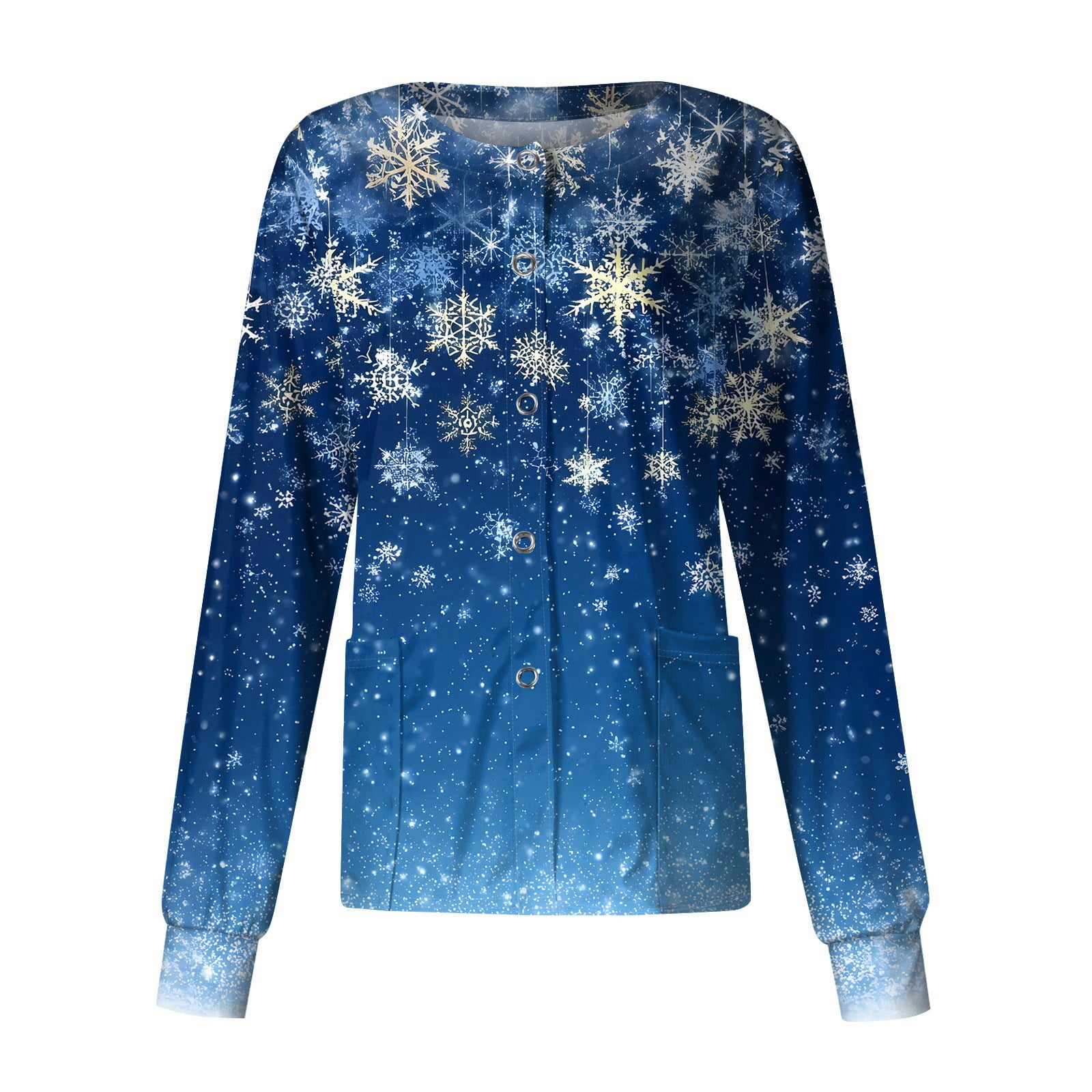 Christmas Cartoon Scrub Jackets Women Snap Front Snowflake Long Sleeve ...