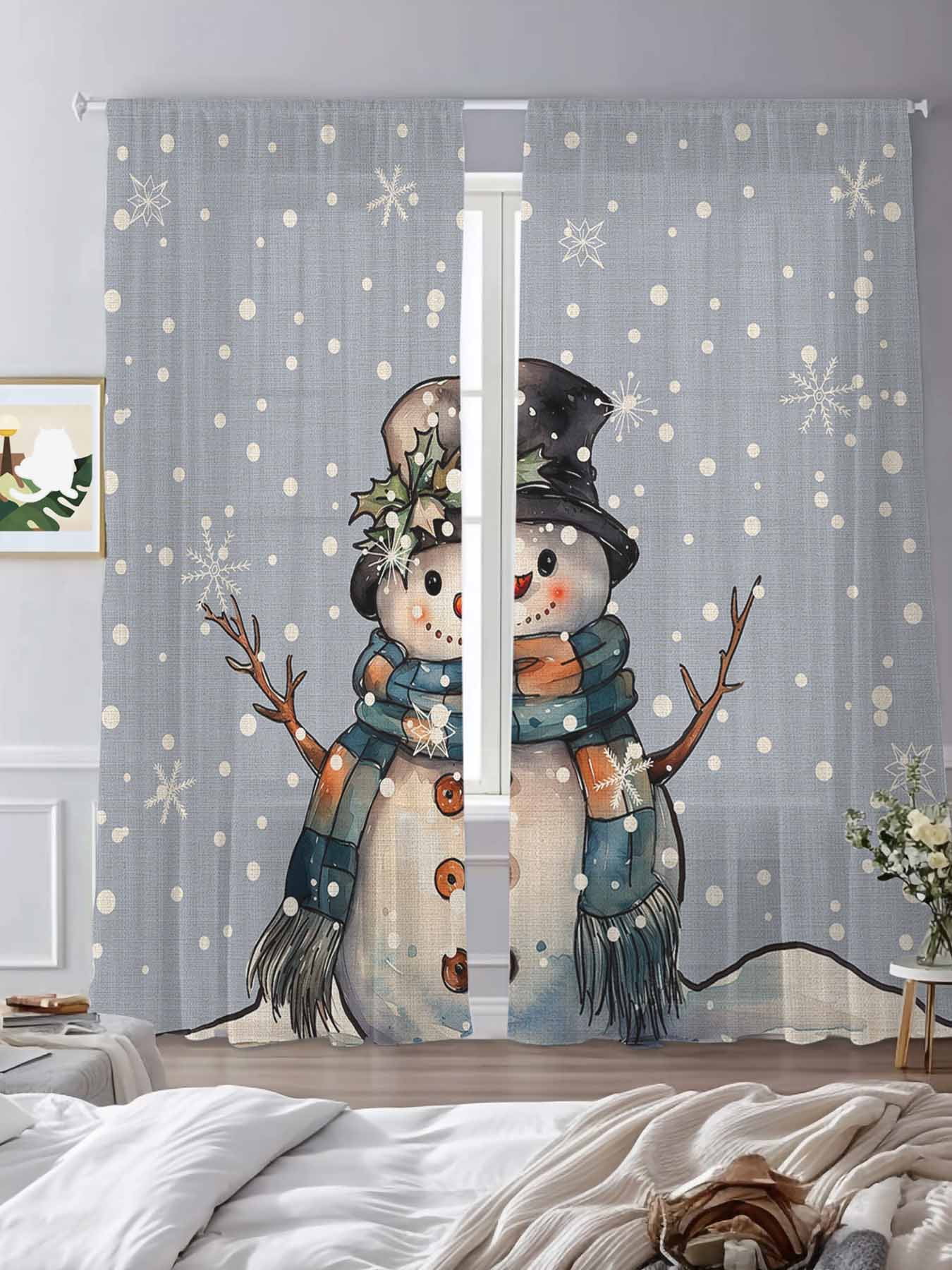 Christmas Cartoon Sheer Curtains 84 inches Long 2 Panels Set Snowman ...