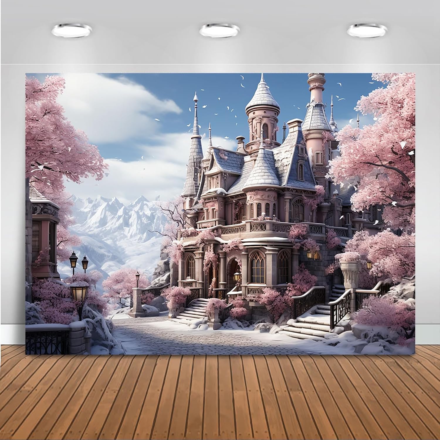 Christmas Castle Backdrop Diary Tale Snowy Scene Photography Background Pink Tree Wonderland ...