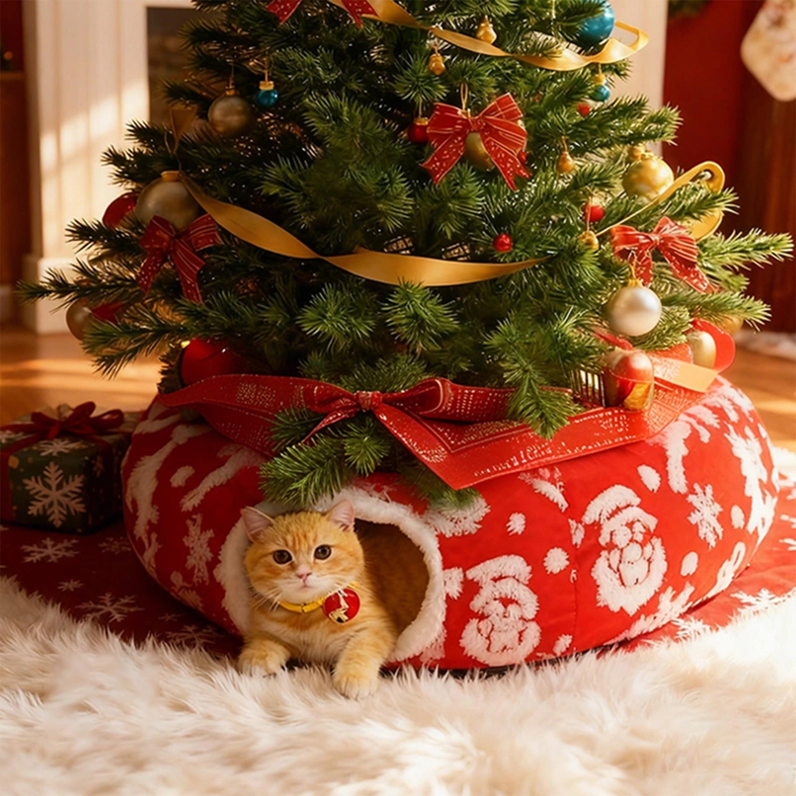Christmas Cat Bed for Tree Base - 35in Circumference Soft Plush ...