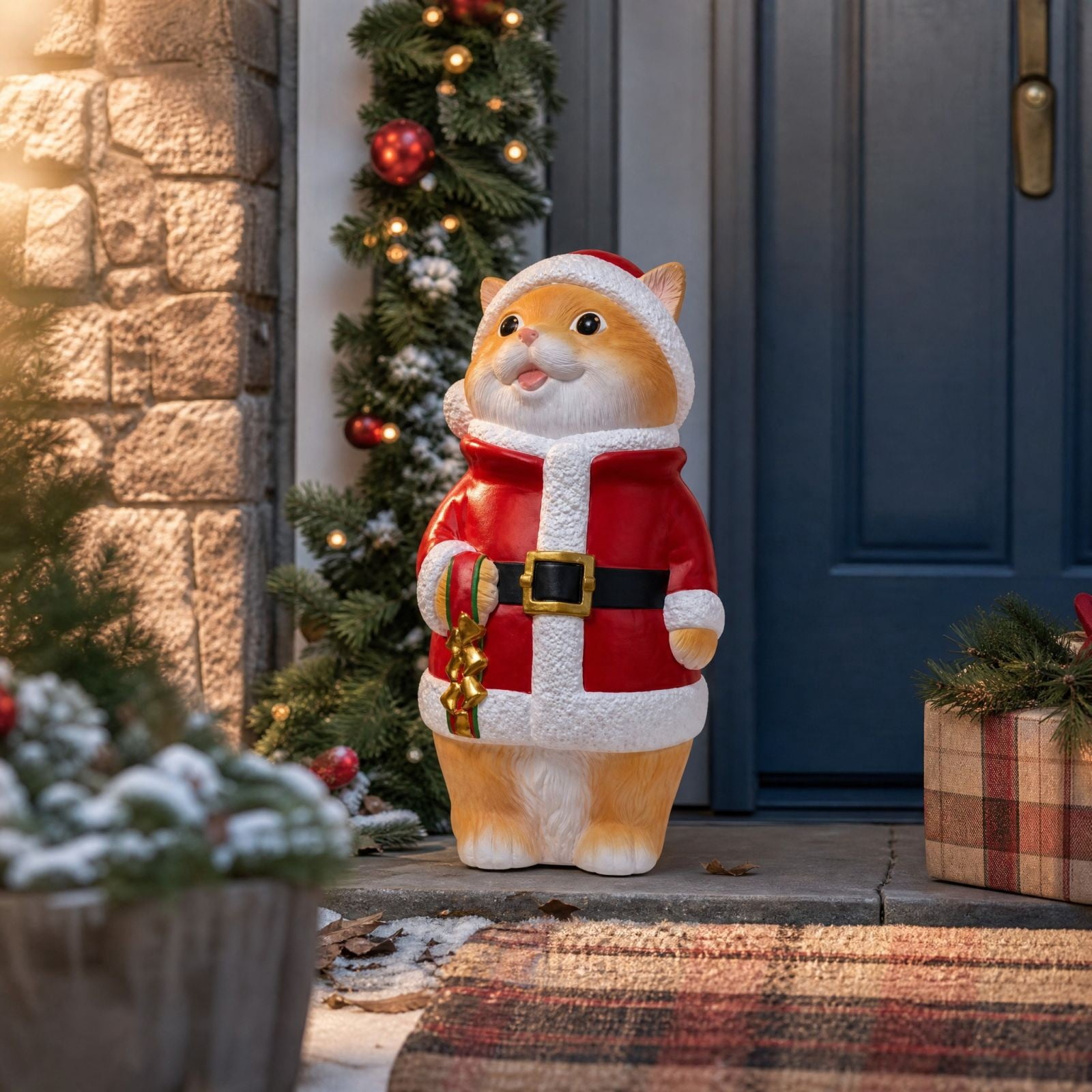 Christmas Cat Blow Mold Figurine, Orange Cat in Santa Suit with Bell ...