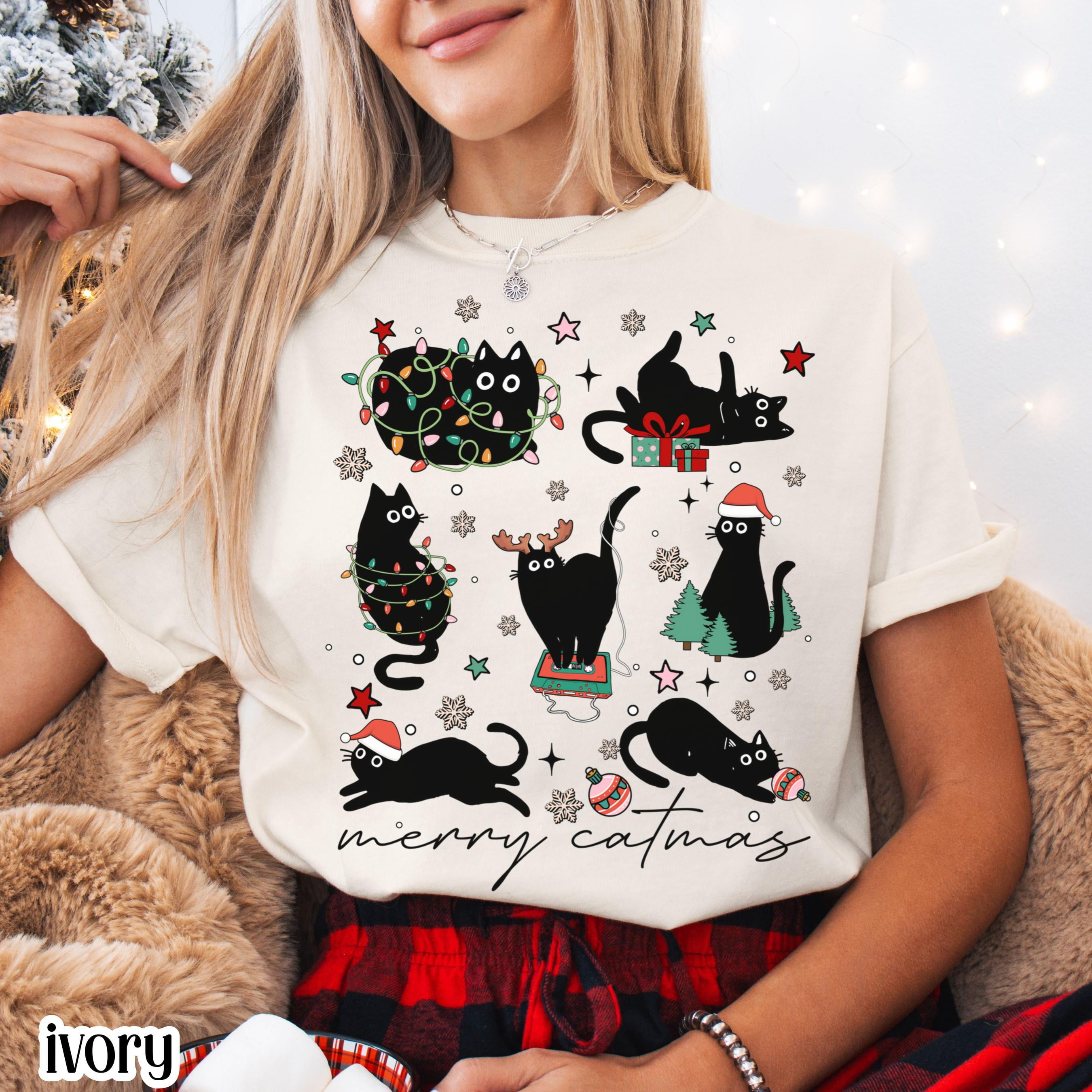 Christmas Cat Comfort Colors Shirt Catmas Meow Christmas Tree Light Its ...