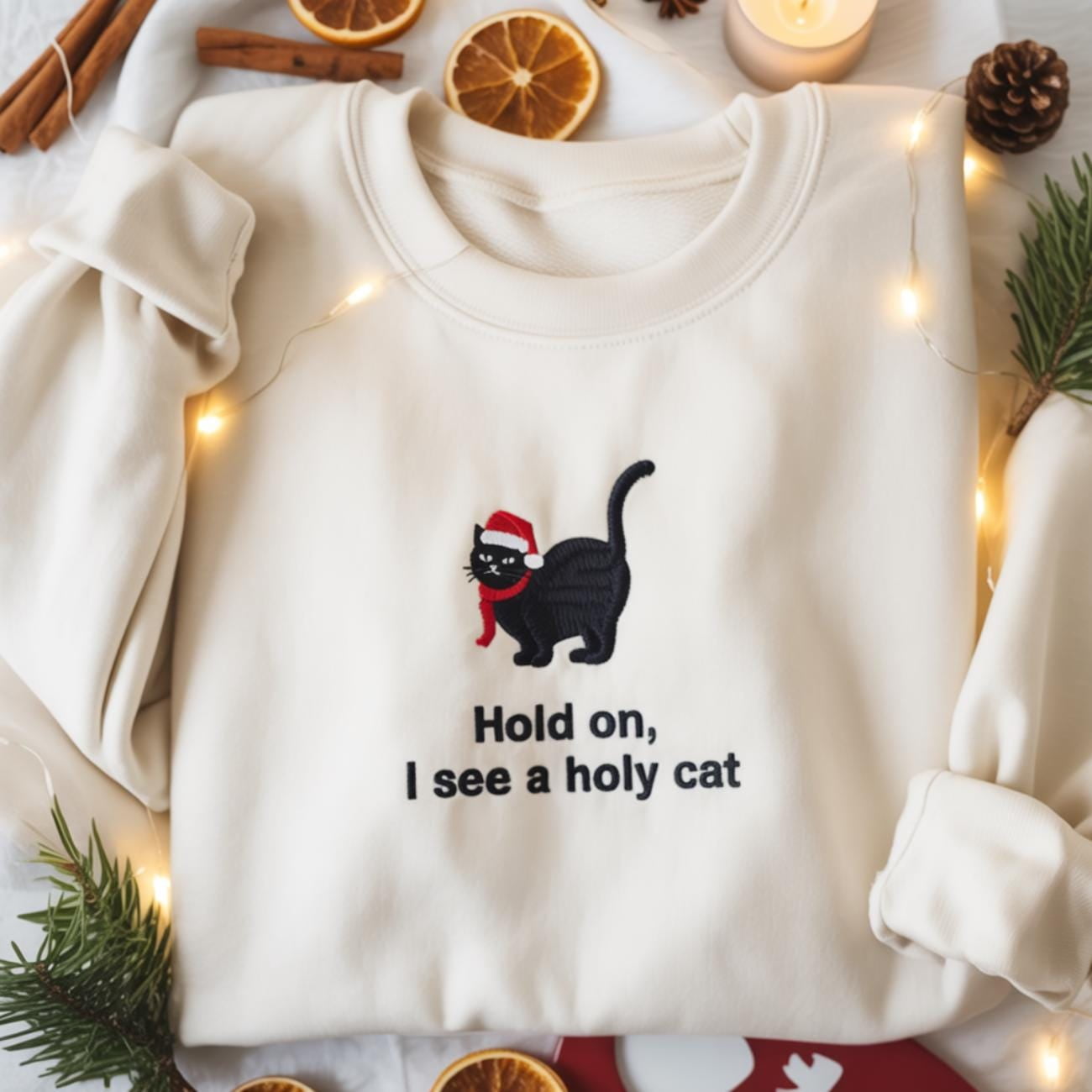 Christmas Cat Embroidered Shirt, Hold On I See A Holy Cat Shirt, New ...