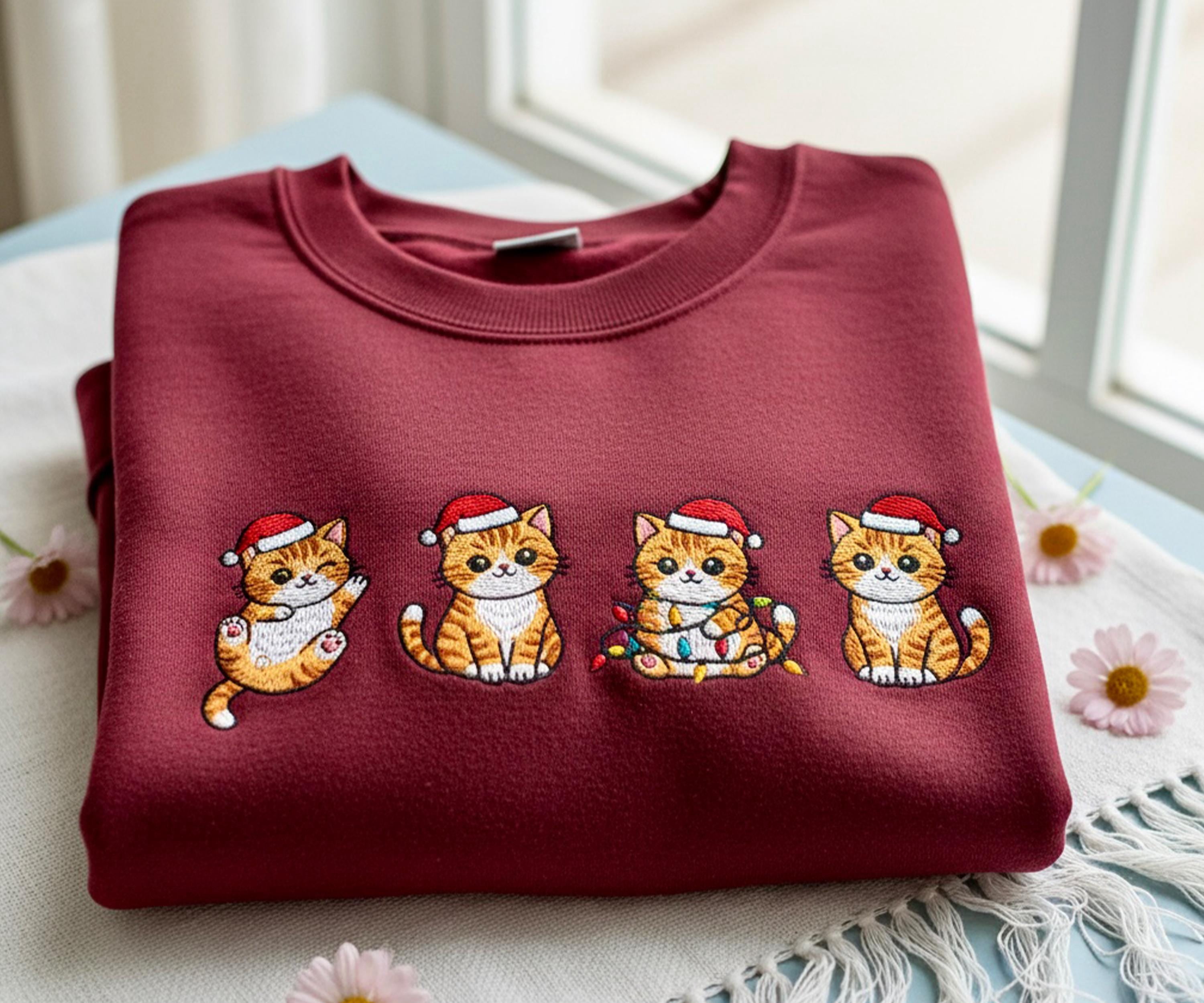 Christmas Cat Embroidered Sweatshirt, Cute Santa Cat Sweater, Cozy ...