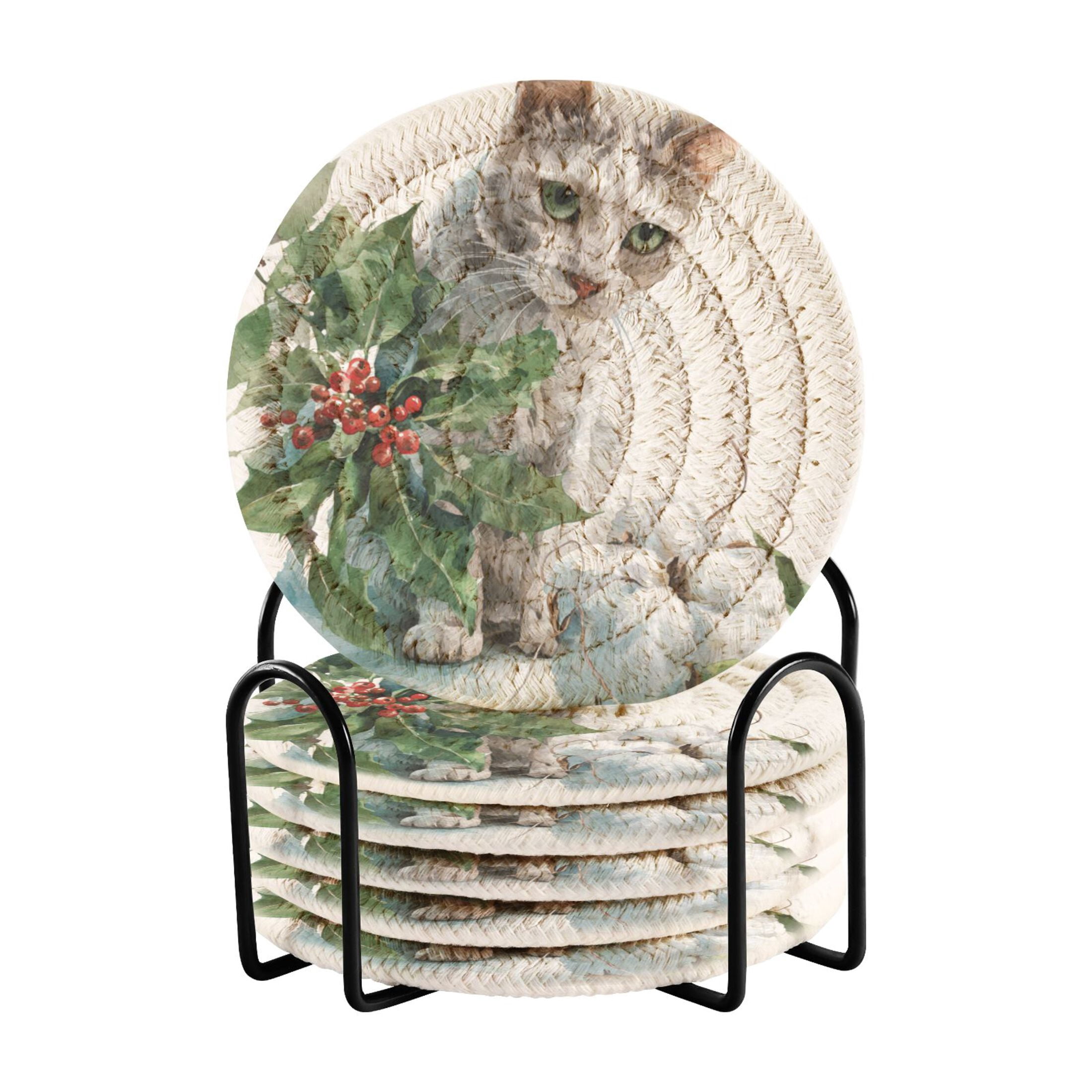 Christmas Cat Looking at Cotton Holly Leaves Drinking Coasters Cup Mat ...