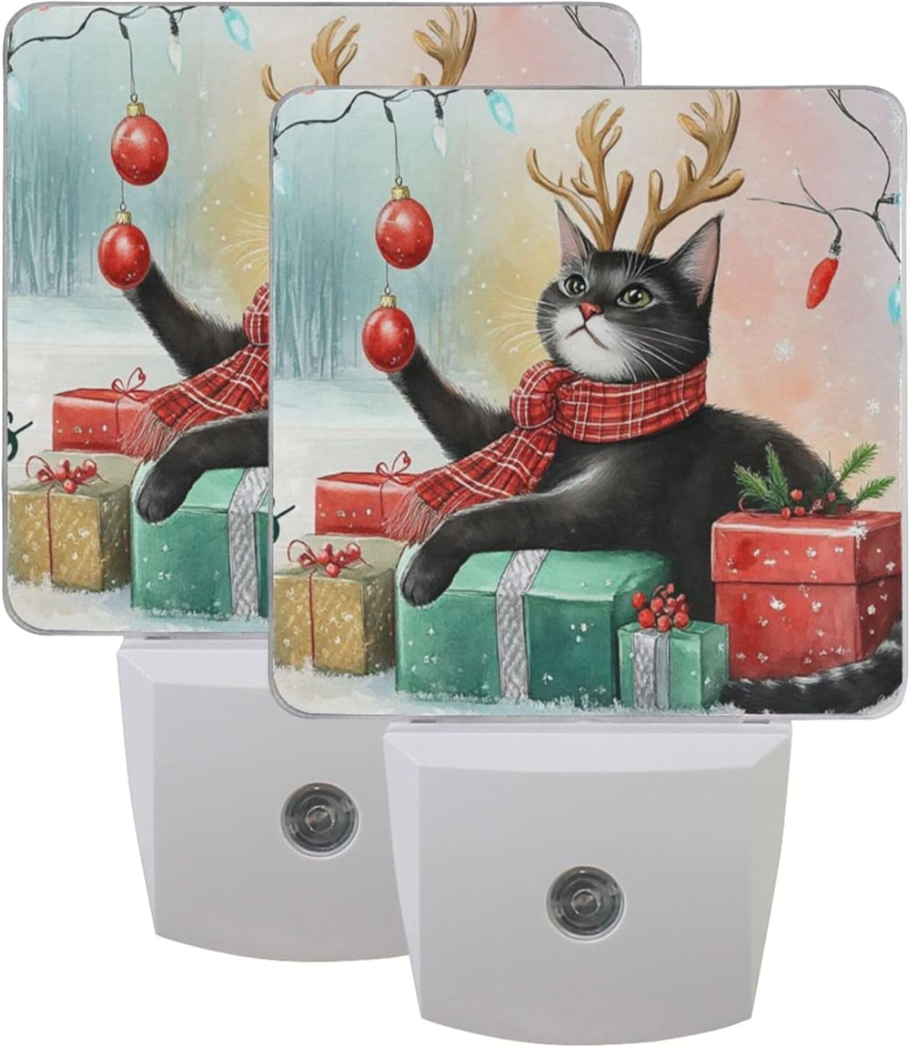 Christmas Cat Night Light LED Sensor Set of 2 Winter Kitty Xmas Tree ...