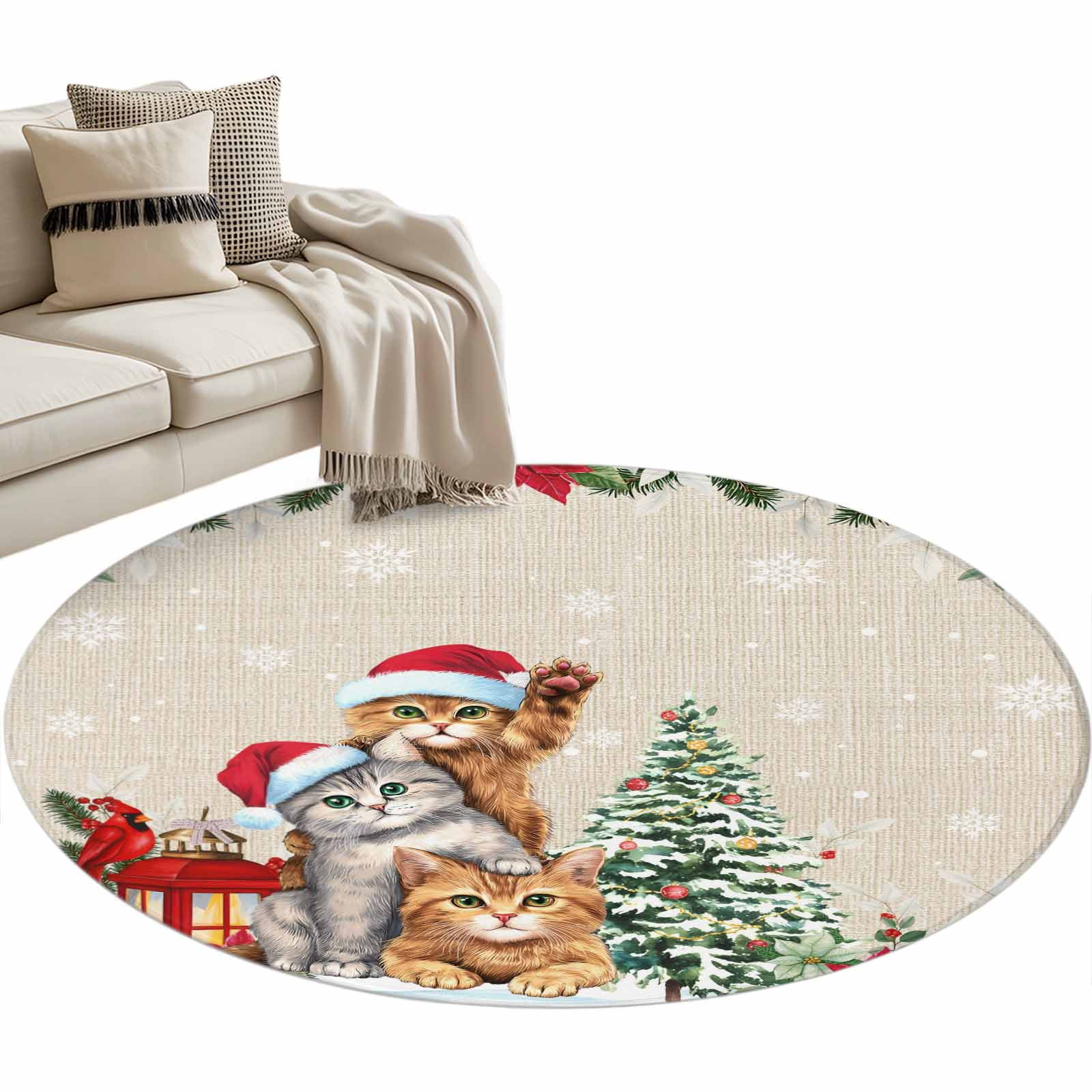 Christmas Cat Round Area Rug 4ft Winter Snowflake Christmas Tree ...