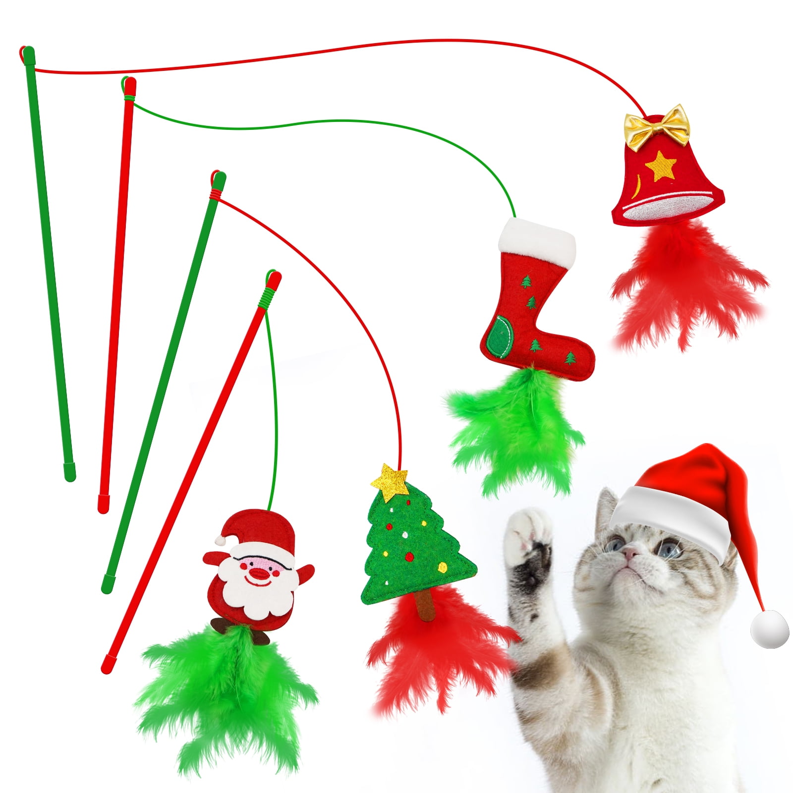 4 Pack Christmas Cat Toys with Catnip and Feathers, Christmas Cat Wand ...