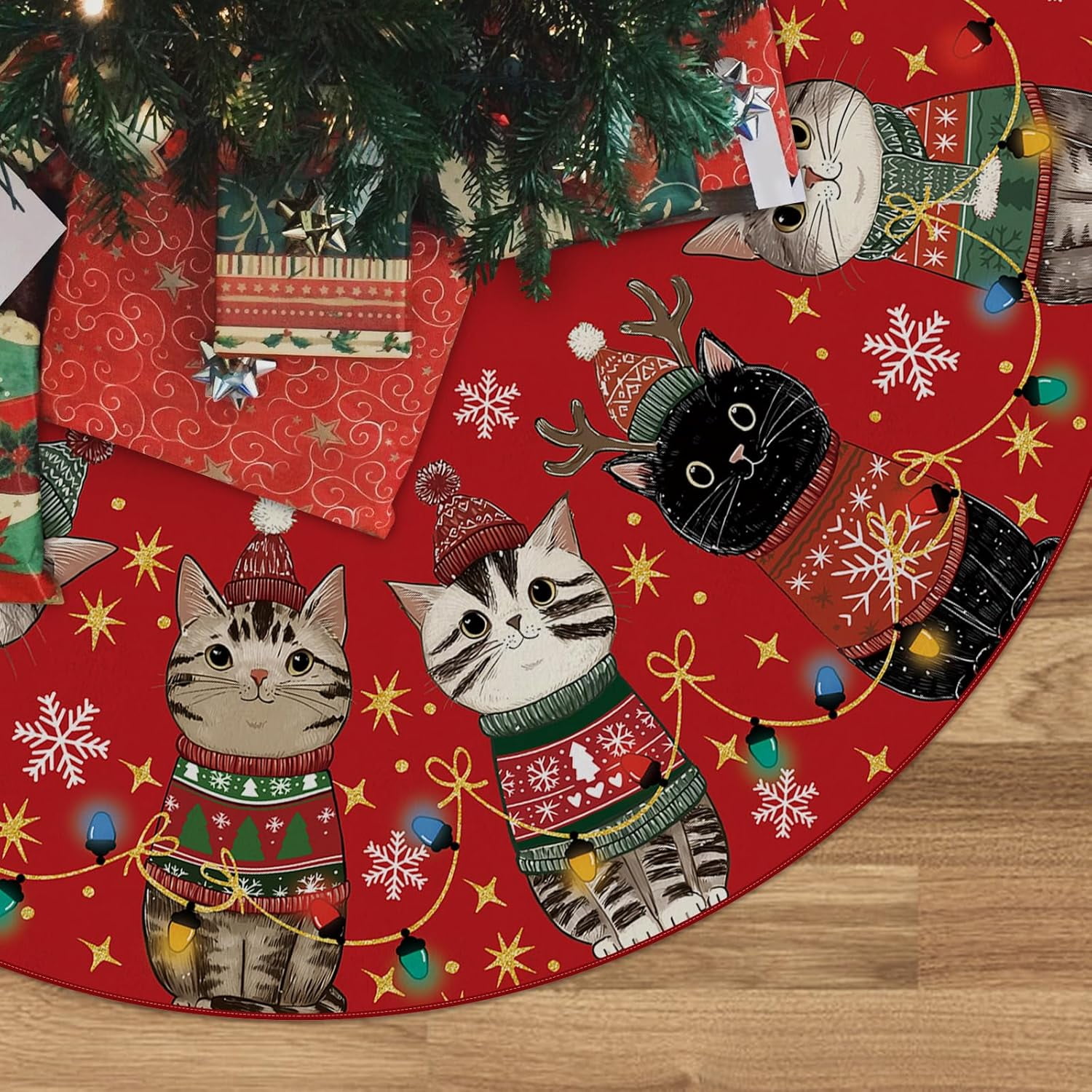 Christmas Cat Tree Skirt Red Xmas Tree Skirt Tree Mat 48 Inch Winter ...