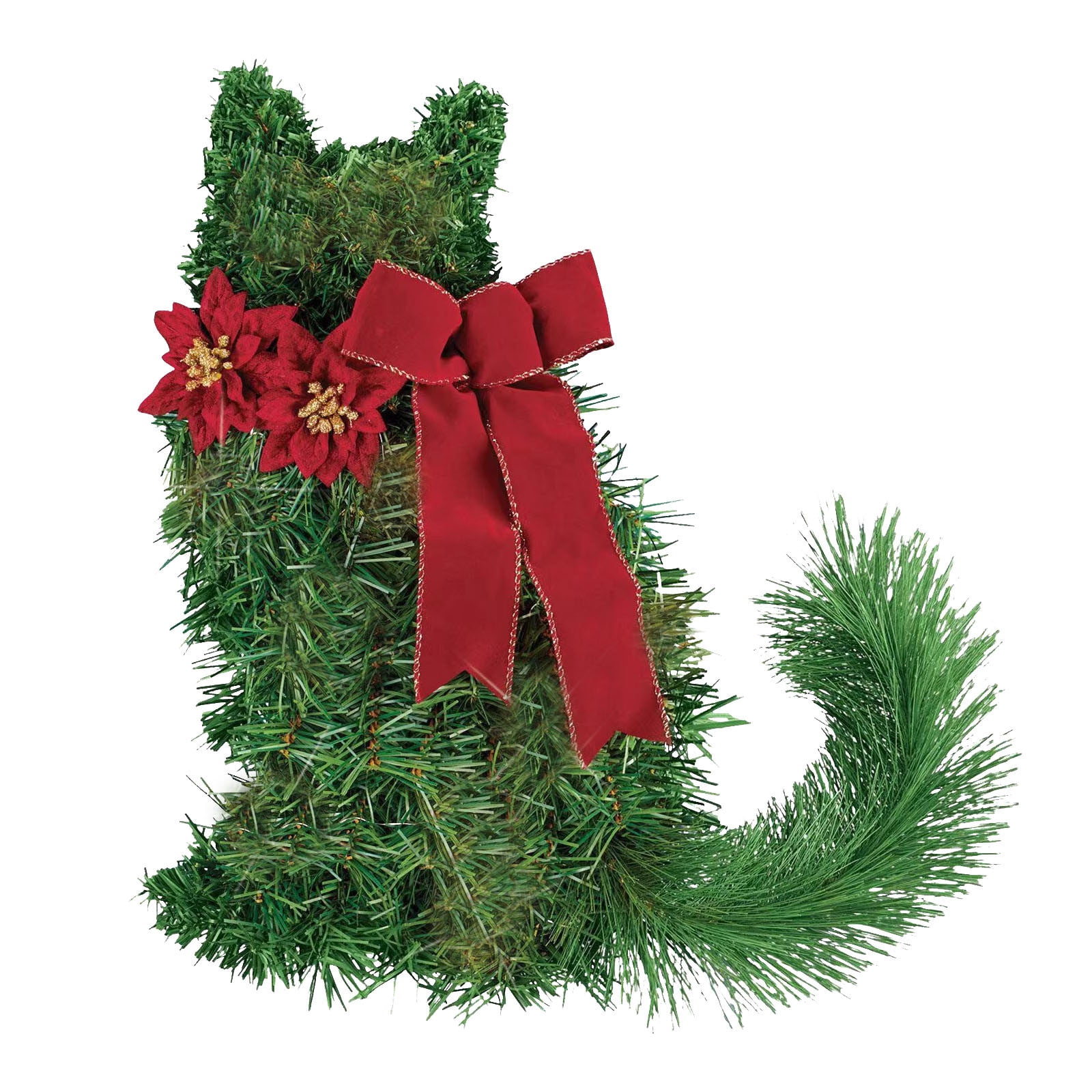 Christmas Cat Wreath for Front Door with Hanger & Bow, Pre-Lit Lights ...