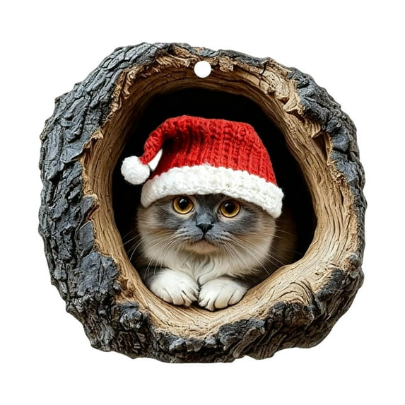 Christmas Cat with Xmas Hat Ornaments, 2D Acrylic Flat Commemorative ...