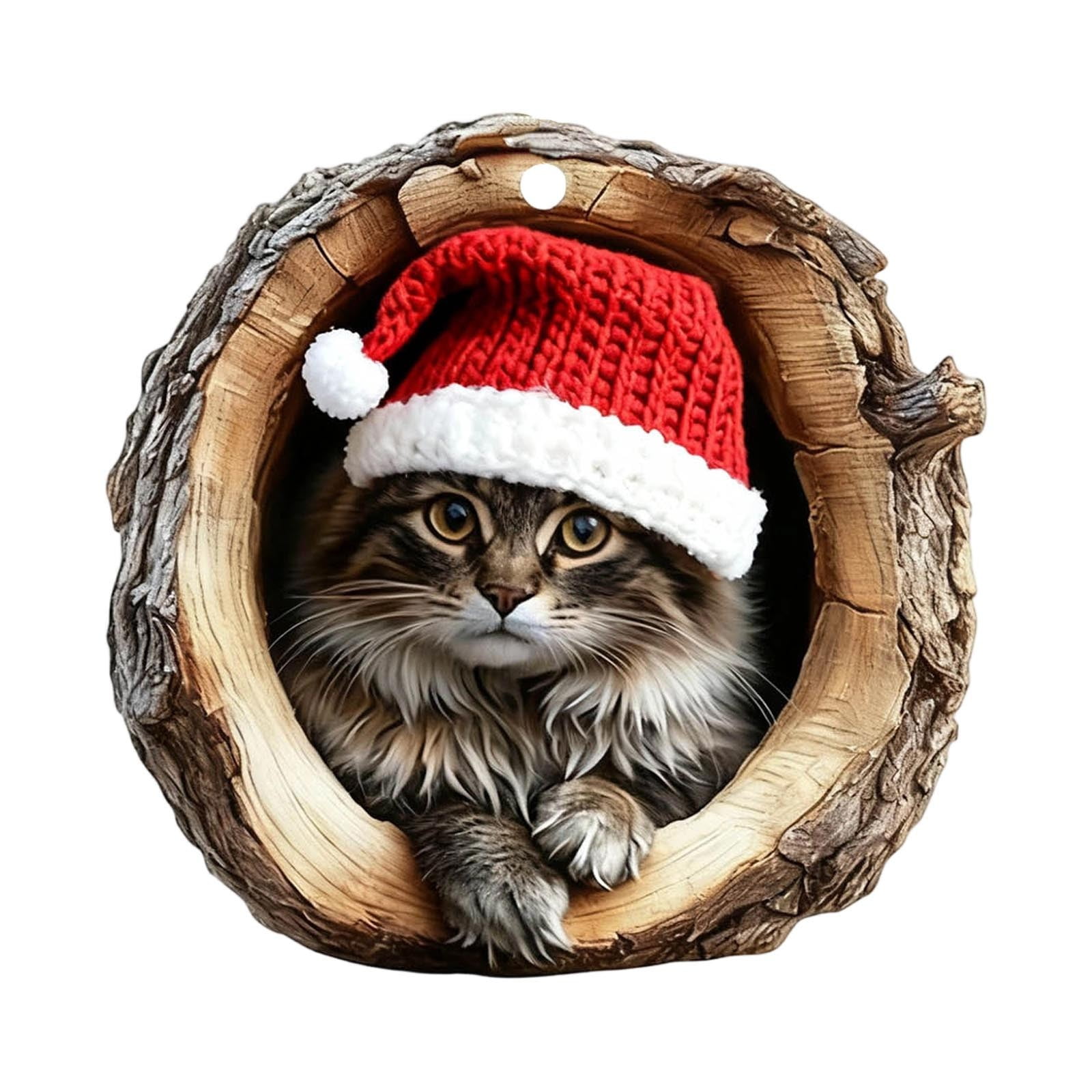 Christmas Cat with Xmas Hat Ornaments, 2D Acrylic Flat Commemorative ...