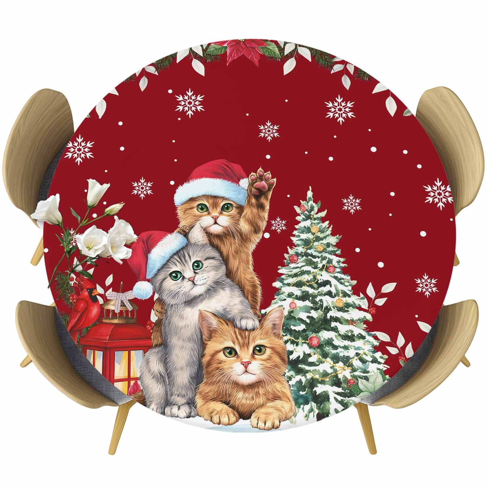 Christmas Cats Round Tablecloth, Fitted Table Cover with Elastic for 36 ...