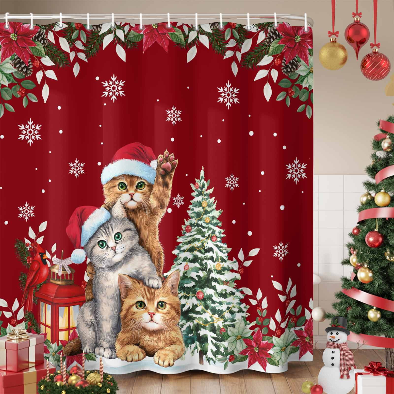 Christmas Cats Shower Curtain, Xmas Tree Poinsettia Botanical Red ...